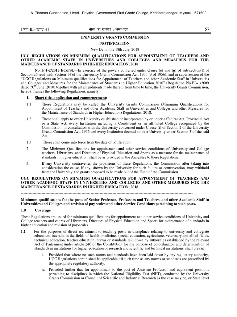 UGC-Minimum Qualification Regulations Jul 2018 English | PDF | Doctor ...