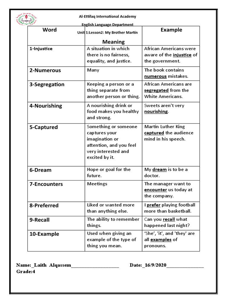 My Brother Martin: Grade 4 Comprehension | PDF