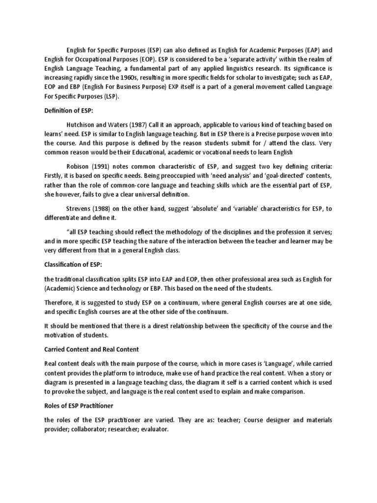 English for Specific Purposes (ESP): Definition, Classification ...