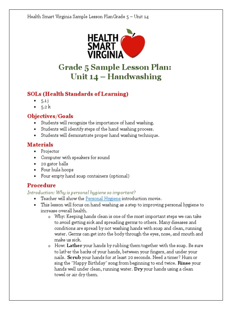 Grade 5 Sample Lesson Plan: Unit 14 - Handwashing: Sols (Health ...