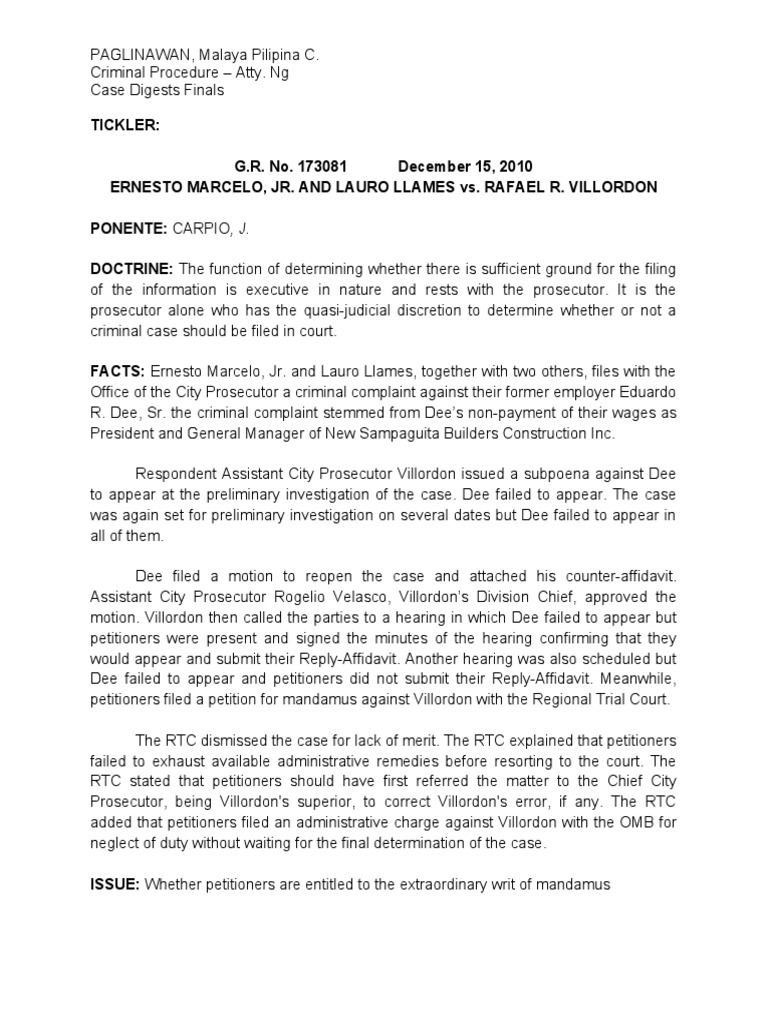 Rule 112 Case Digest | PDF | Mandamus | Criminal Procedure In South Africa