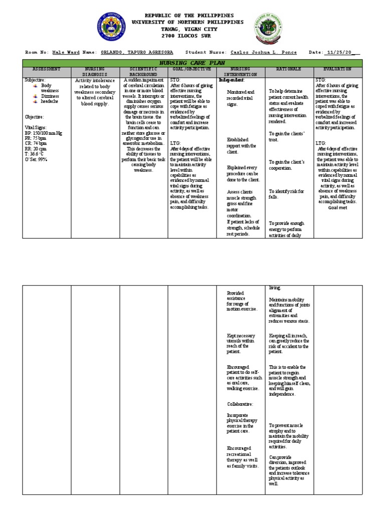 Nursing Care Plan: Republic of The Philippines University of Northern ...