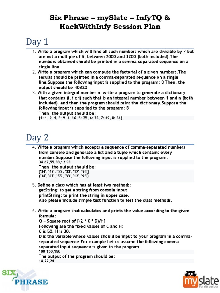 6phrase - Myslate - InfyTQ & HackWithInfy - Programs List | PDF | Function (Mathematics ...