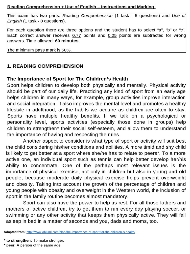 Reading Comprehension The Importance of Sport For The Children's Health ...