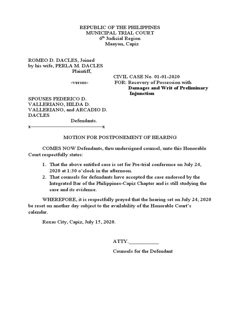 Motion For Postponement-Maayon | PDF