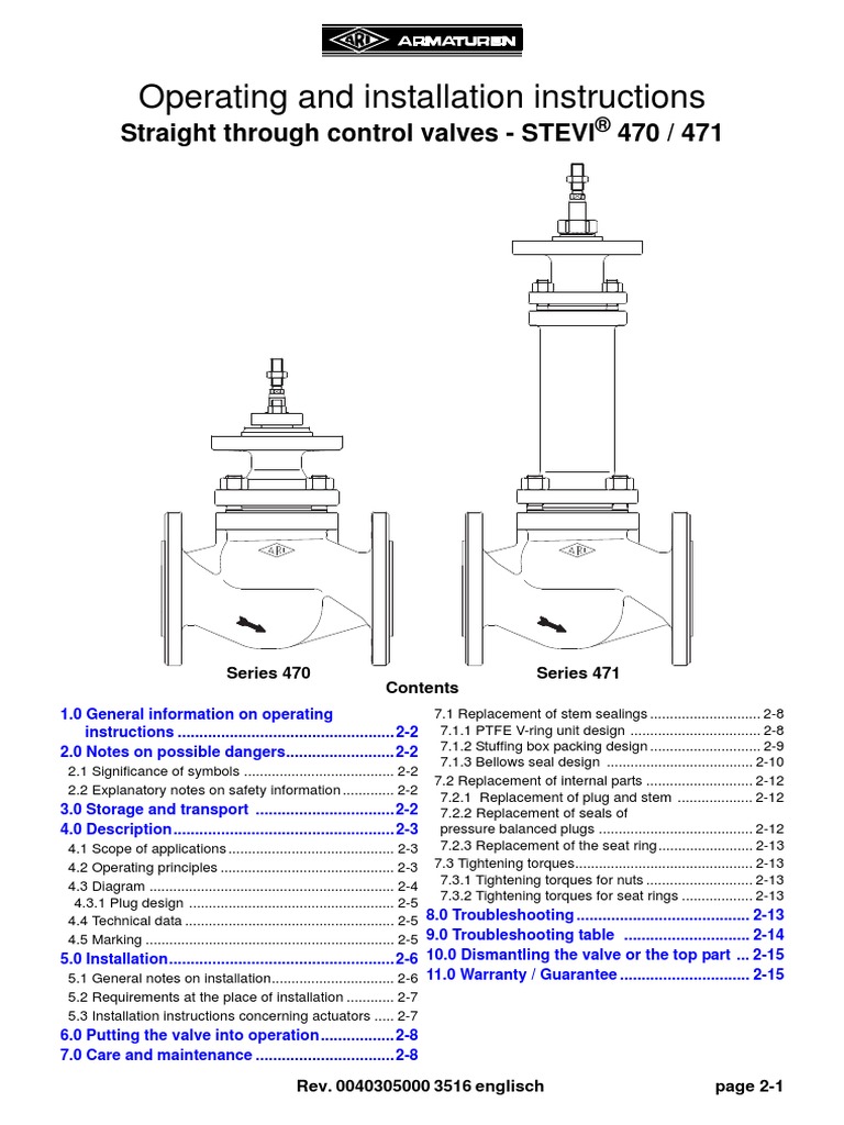 Operating and Installation Instructions: Straight Through Control ...