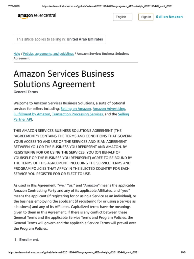 Amazon Services Business Solutions Agreement: This Article Applies To ...