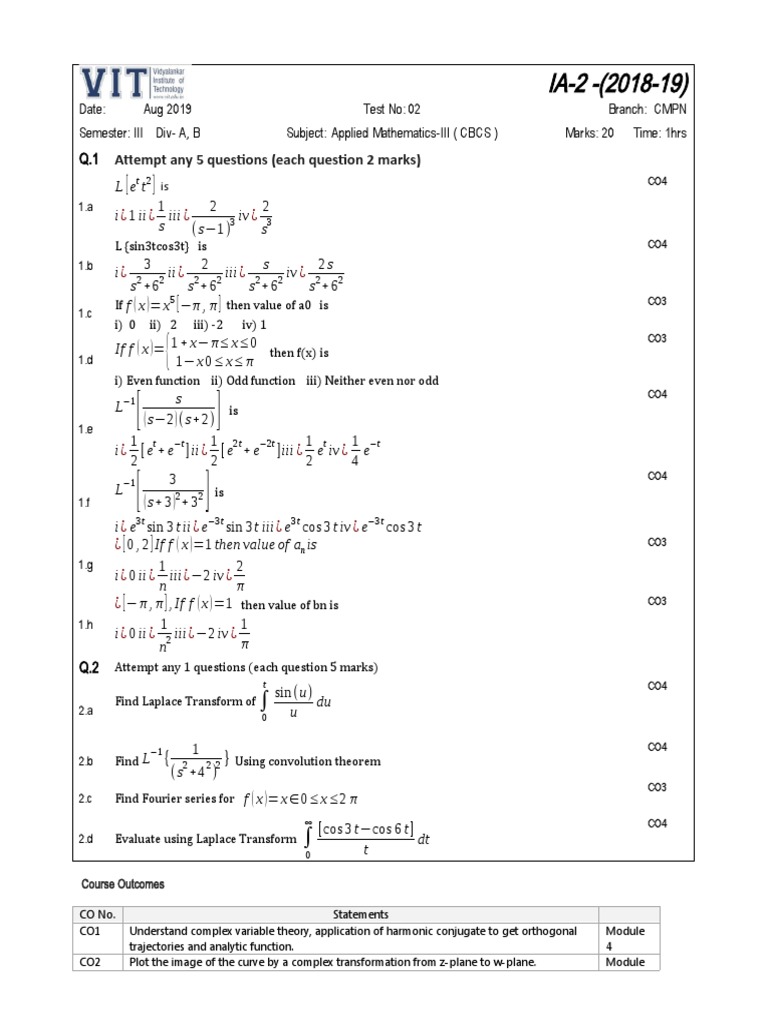 AM-III IA-2 Question Paper | PDF | Laplace Transform | Fourier Series