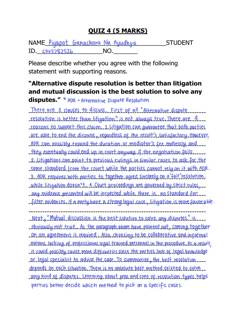 Quiz 4 Dispute Resolution | PDF | Alternative Dispute Resolution | Lawsuit