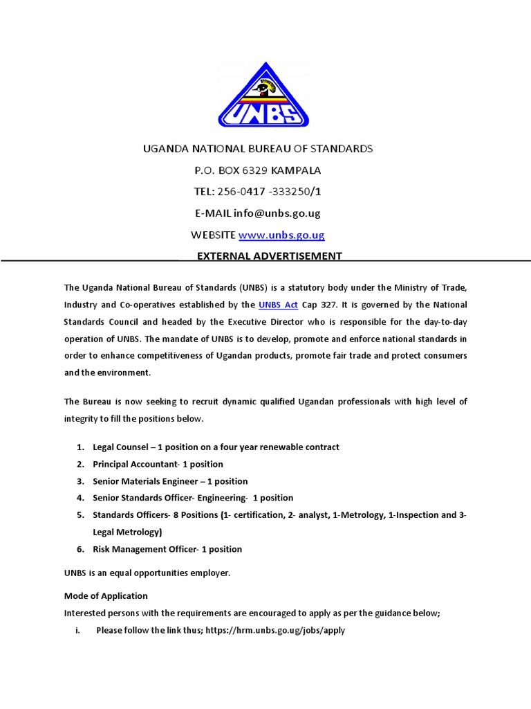 UNBS Job Openings for Ugandan Professionals | PDF | Internal Control | Accounting And Audit