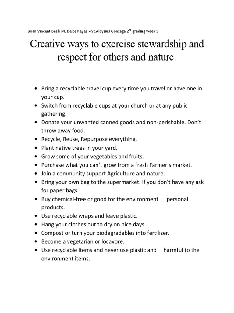 Creative Ways To Exercise Stewardship and Respect For Others and Nature ...