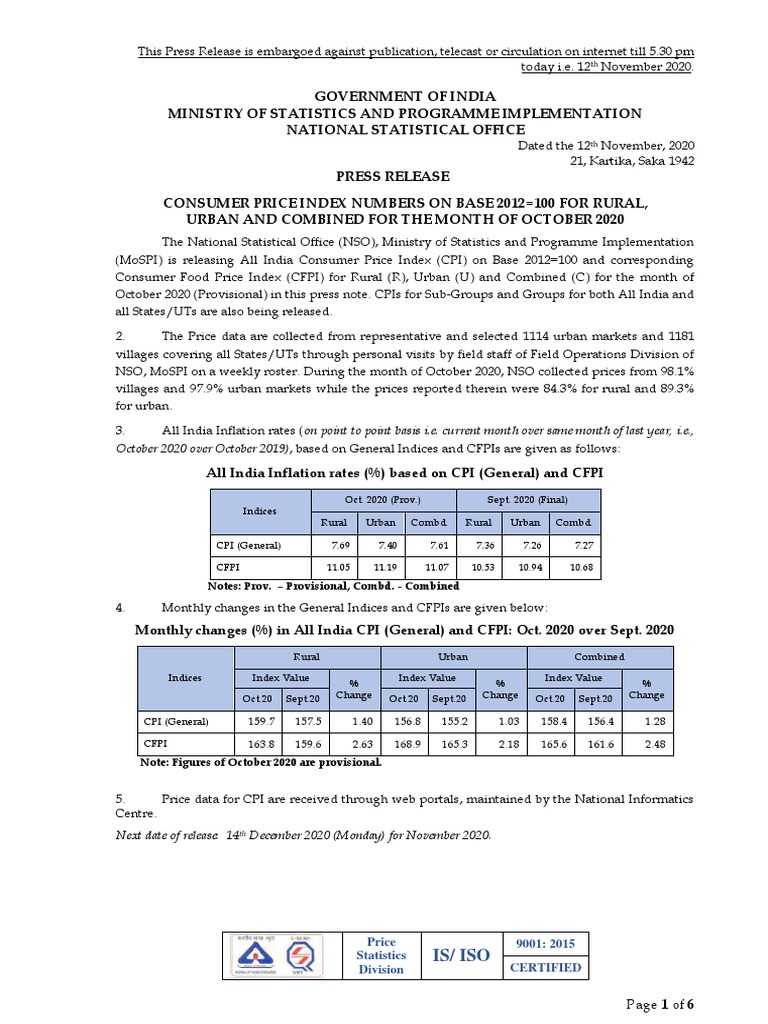 CPI Press Statement 12nov20 PDF | PDF | Consumer Price Index | Foods
