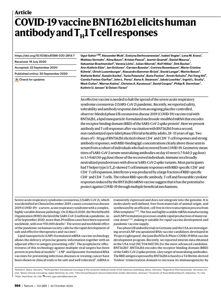 COVID-19 Vaccine BNT162b1 Elicits Human Antibody and T 1 T Cell ...