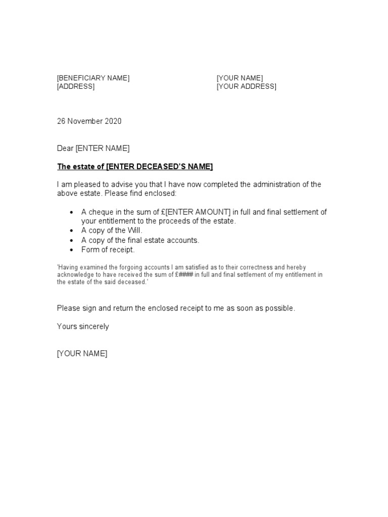 Letter To Beneficiaries Enclosing Cheque | PDF