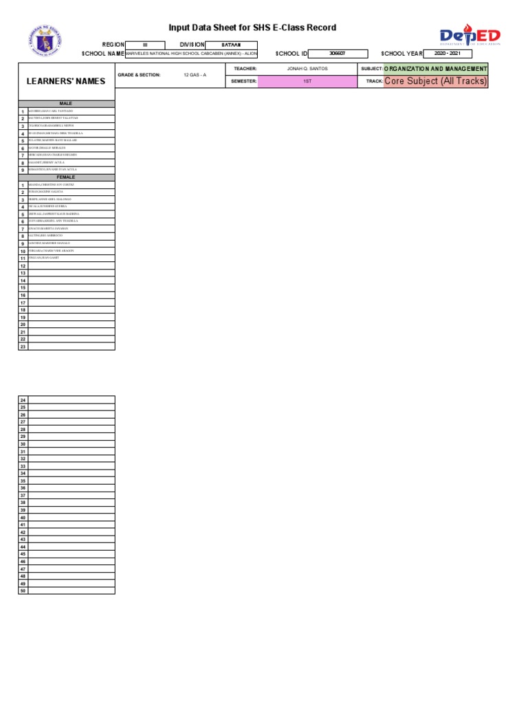 Senior High School Class Record for Organization and Management - 1st ...