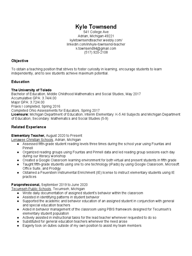Kyles Resume 1 | PDF | Special Education | Teachers