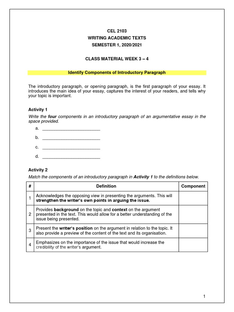 CEL 2103 - CLASS MATERIAL WEEK 3 & 4 - INTRODUCTORY PARAGRAPH - Student ...