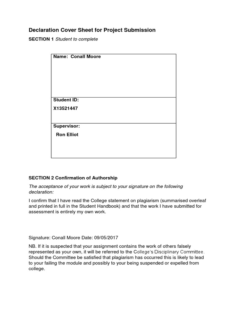 Declaration Cover Sheet For Project Submission: SECTION 1 Student To ...
