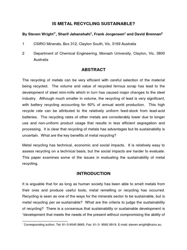 Is Metal Recycling Sustainable?: by Steven Wright, Sharif Jahanshahi, Frank Jorgensen and David ...
