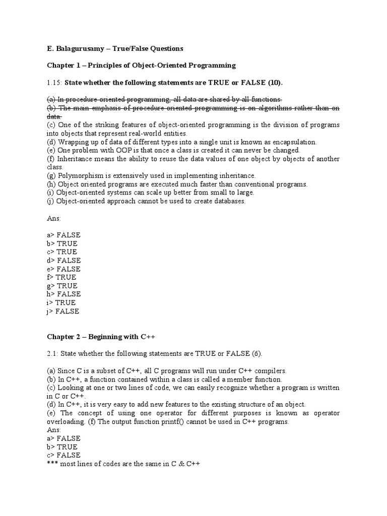 Object Oriented Programming True False Questions Pdf Object Oriented Programming