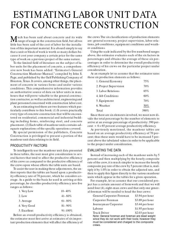 Concrete Construction Article PDF - Estimating Labor Unit Data For ...