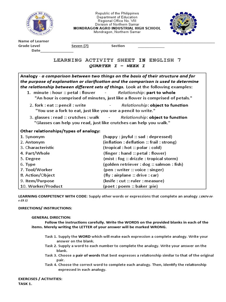 Learning Activity Sheets (LAS) English Grade 7 New Normal | PDF | Verb ...
