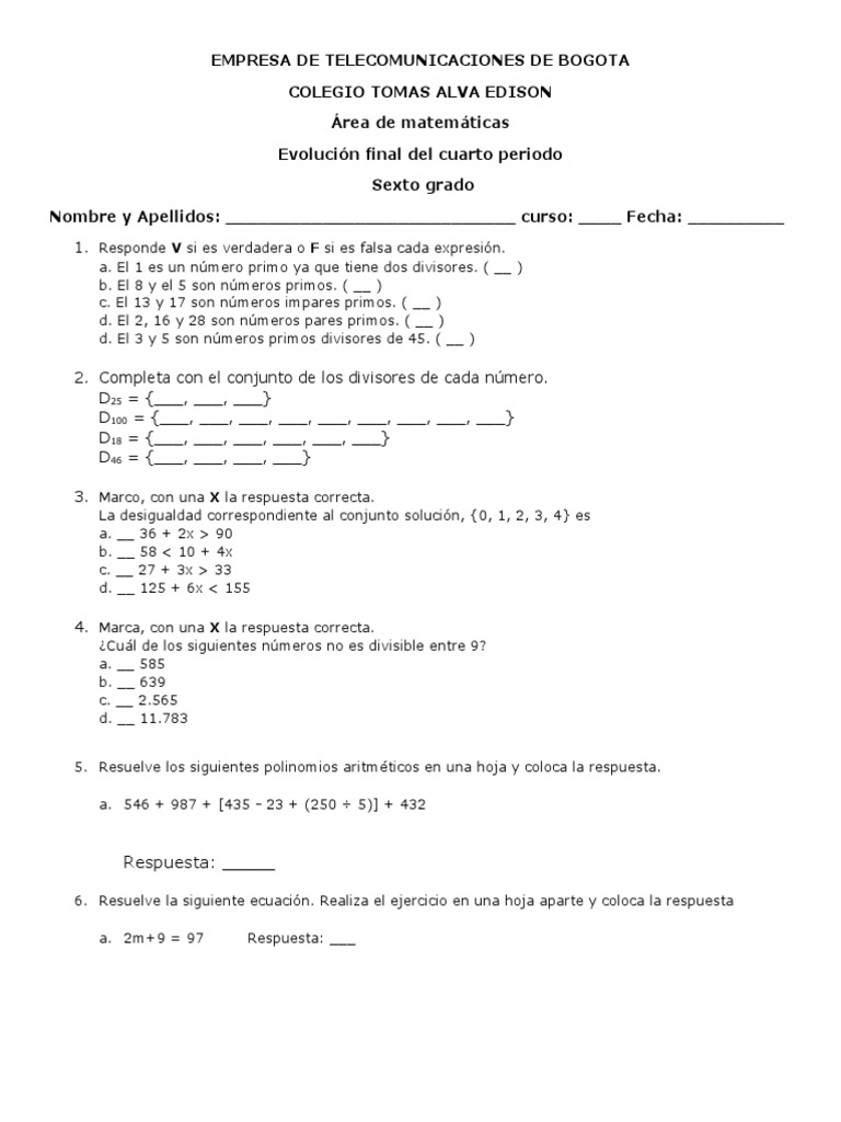 Evaluacion de Matematicas Cuarto Periodo 6 Grado | PDF
