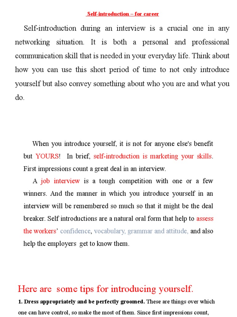 Self-Introduction For A Career | PDF | Job Interview | Question