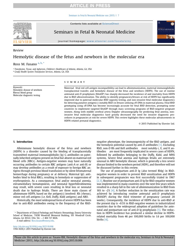Seminars in Fetal & Neonatal Medicine: Ross M. Fasano | PDF | Blood ...