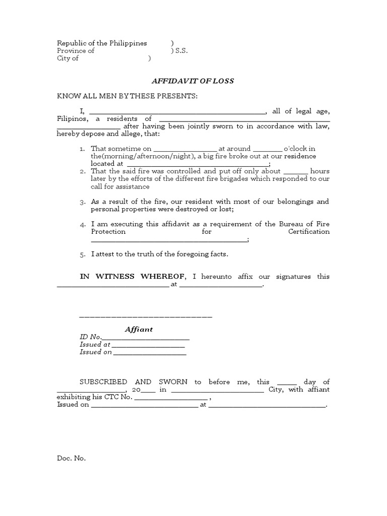 Affidavit of Loss Due to Fire Sample | PDF