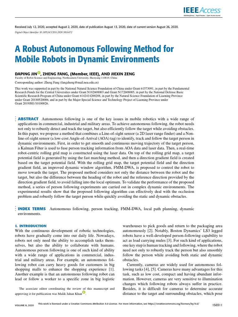 A Robust Autonomous Following Method For Mobile Robots in Dynamic Environments | PDF | Kalman ...