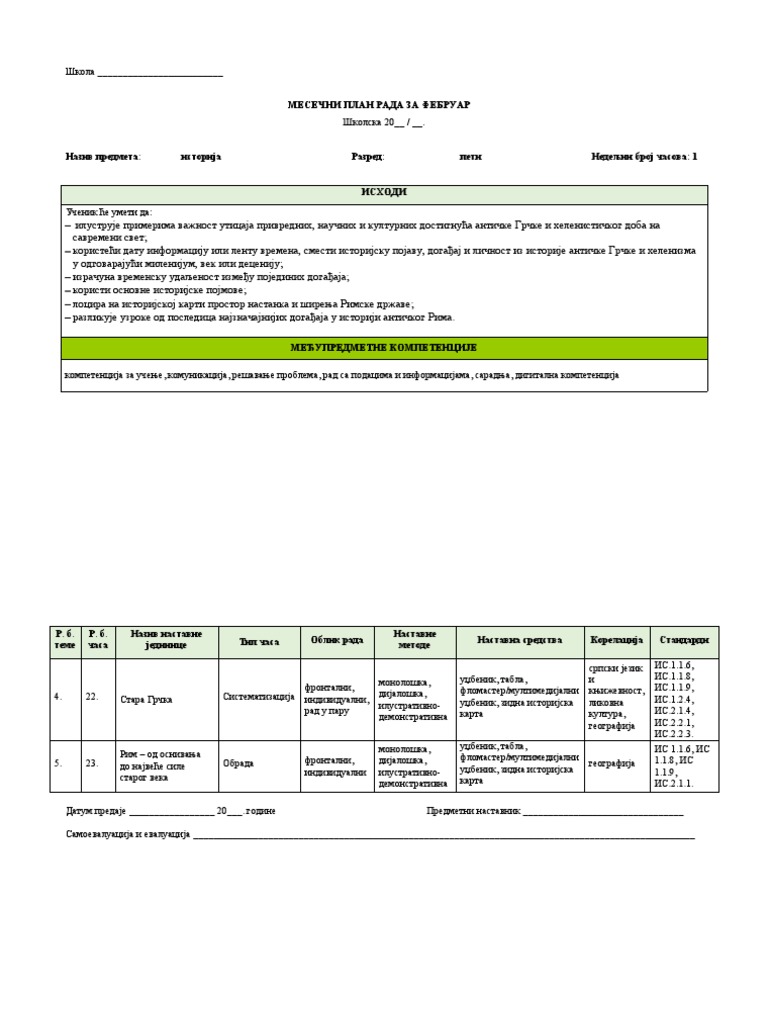 Mesecni Plan Rada, Istorija 5, Februar | PDF