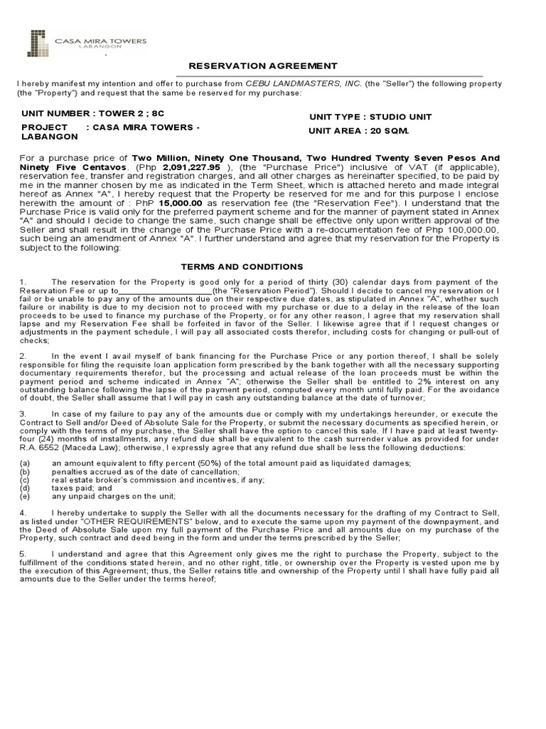 Reservation Agreement | PDF | Real Estate Broker | Arbitration