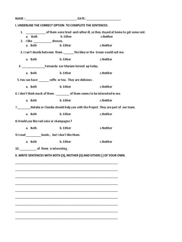 Both, Either, Neither Exercises Worksheet | PDF