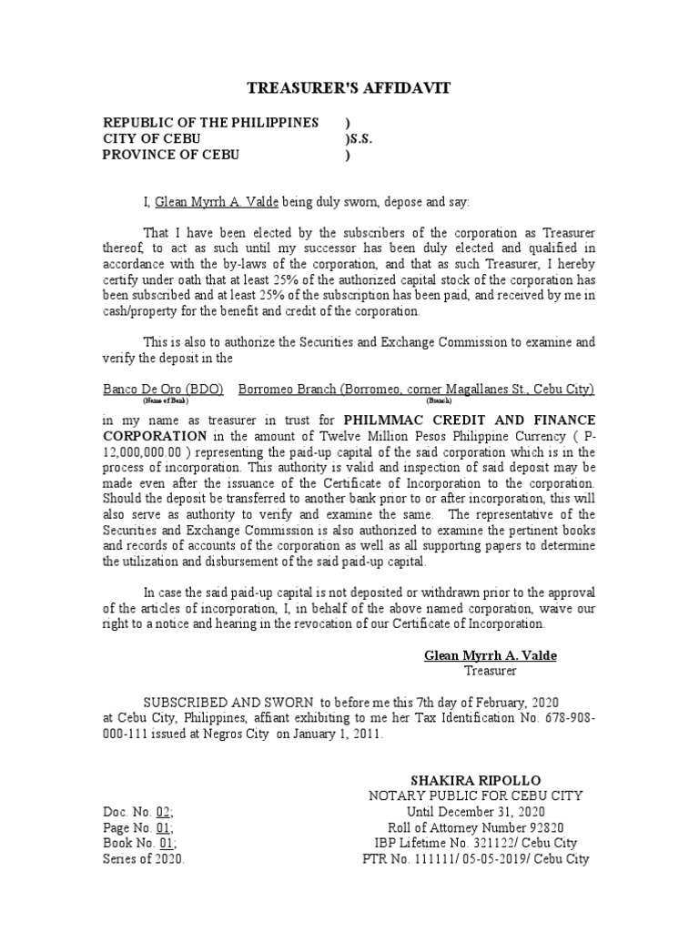 Treasurer'S Affidavit: Republic of The Philippines) City of Cebu) S.S ...