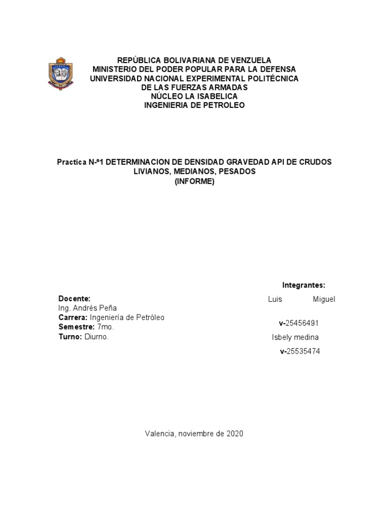 INFORME DE LA PRACTICA N-º1 DETERMINACION DE LOS GRADOS API DE CRUDOS ...