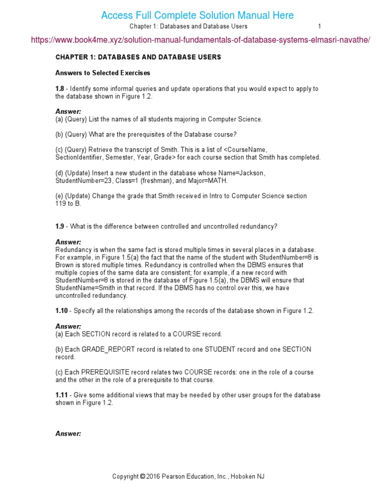 Access Full Complete Solution Manual Here: Chapter 1: Databases and ...
