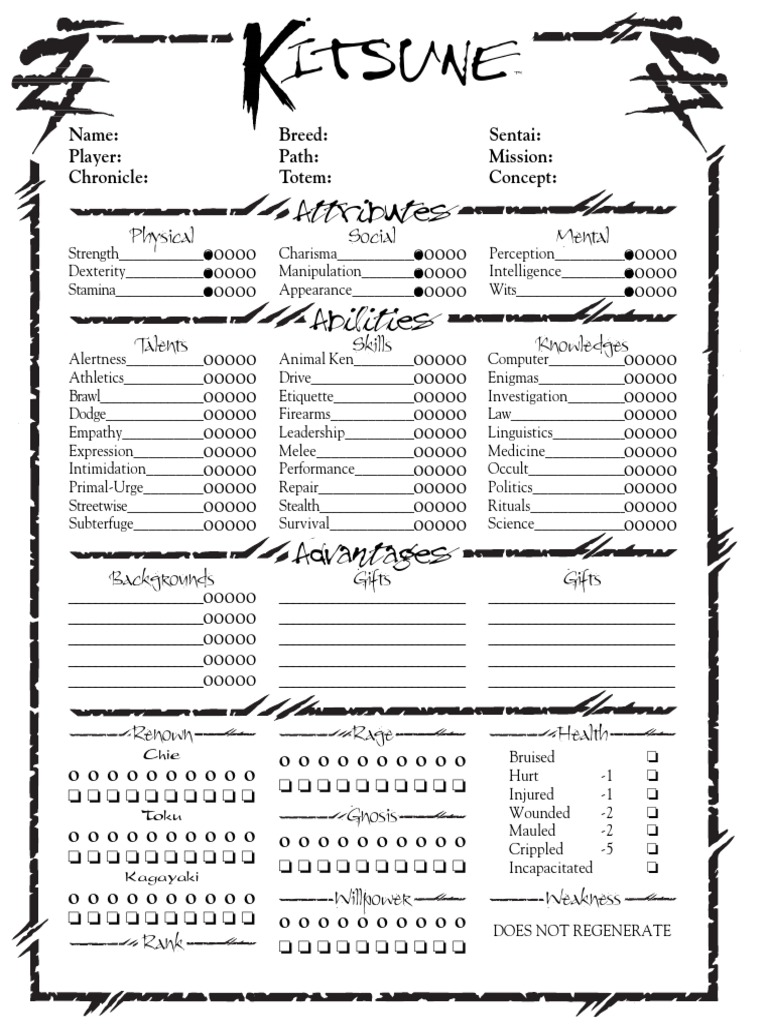 WtA Kitsune - RPG Sheets | PDF | Role Playing Games | Gaming