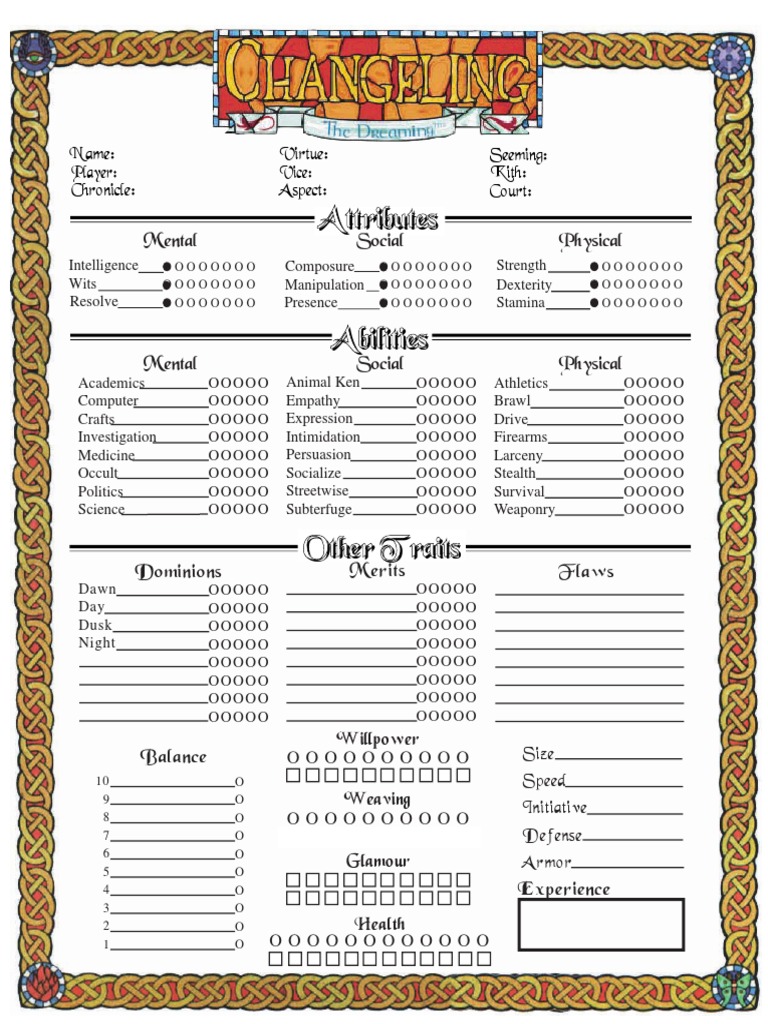 Changeling Character Sheet PDF | PDF | Leisure | Sports