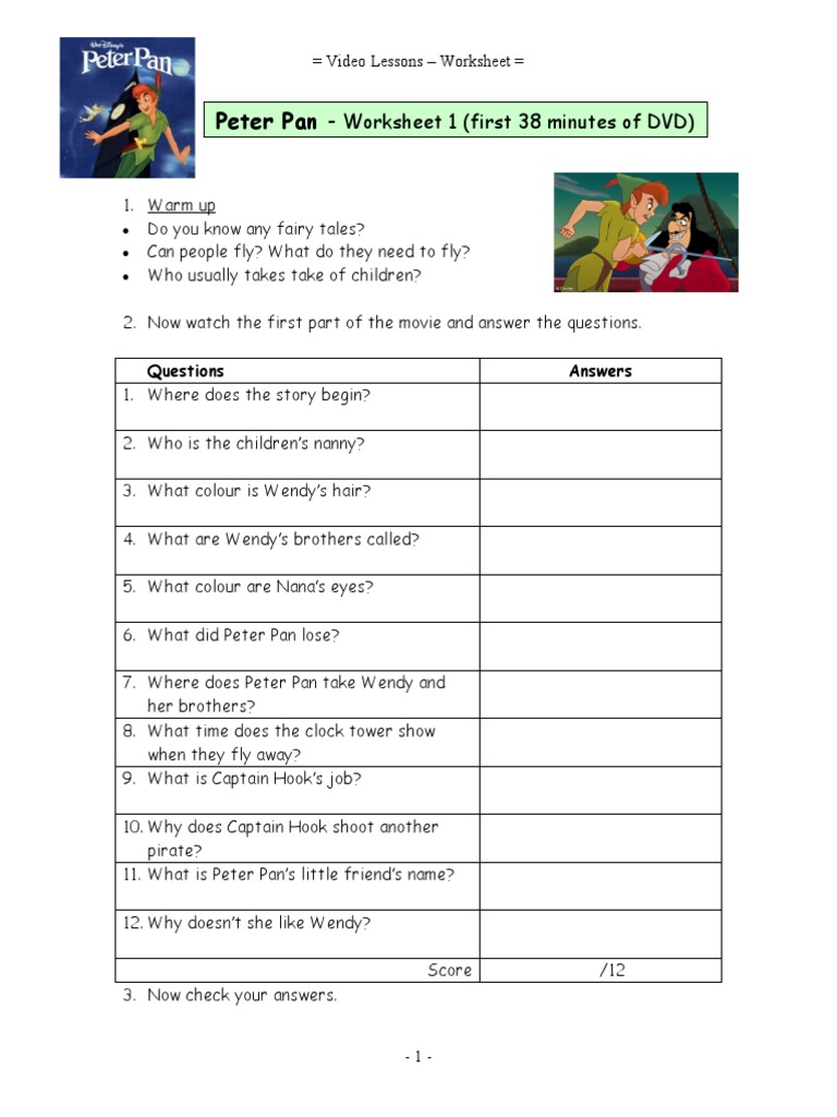 Peter Pan - : Worksheet 1 (First 38 Minutes of DVD) | PDF | Peter Pan ...