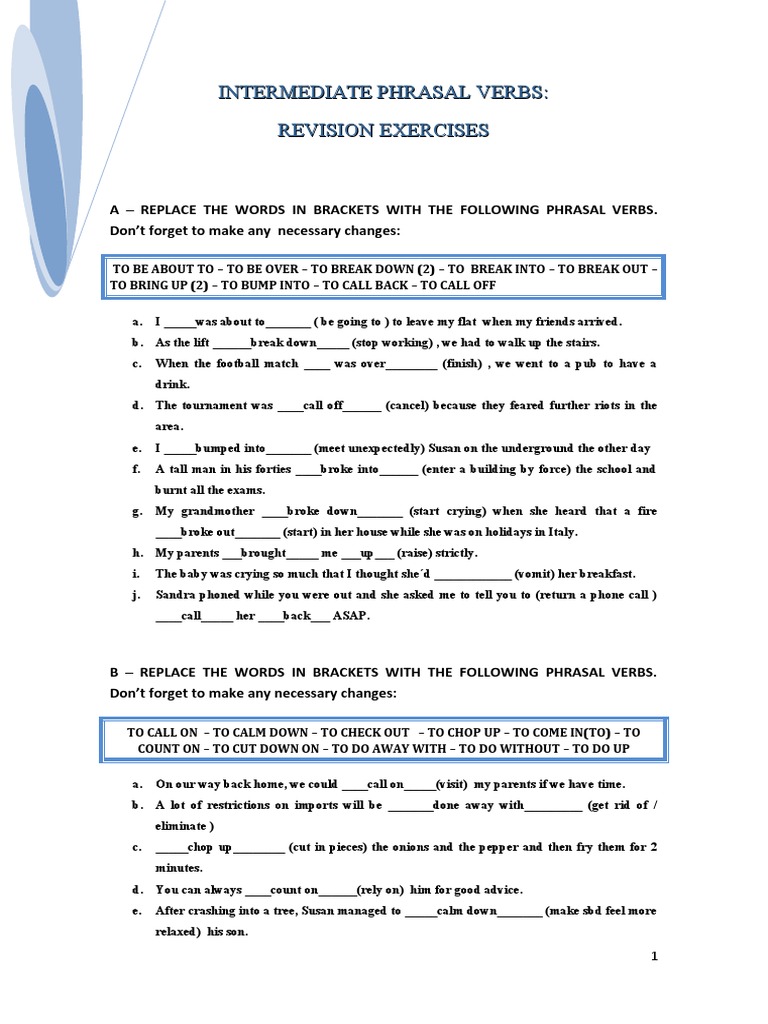 Intermediate Phrasal Verbs: Revision Exercises | PDF | Language Arts ...