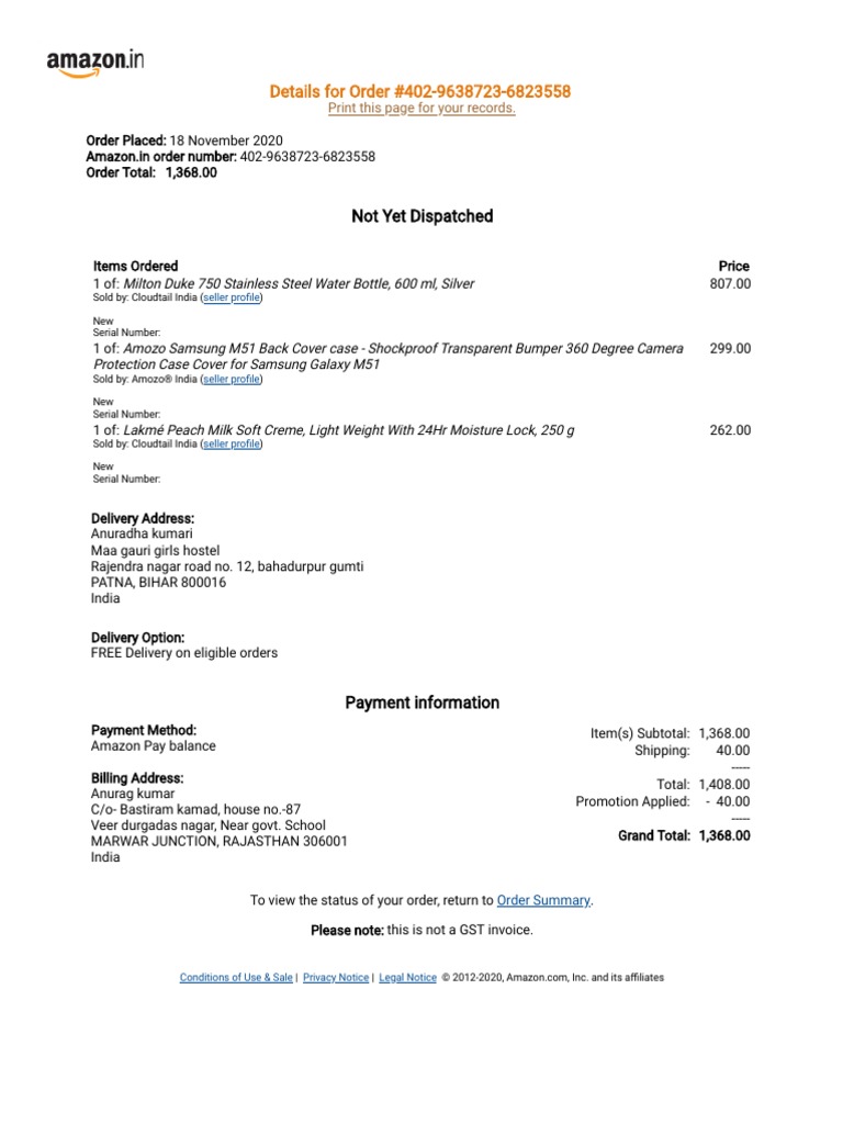 Amazon Order Summary - Not Dispatched | PDF | Business