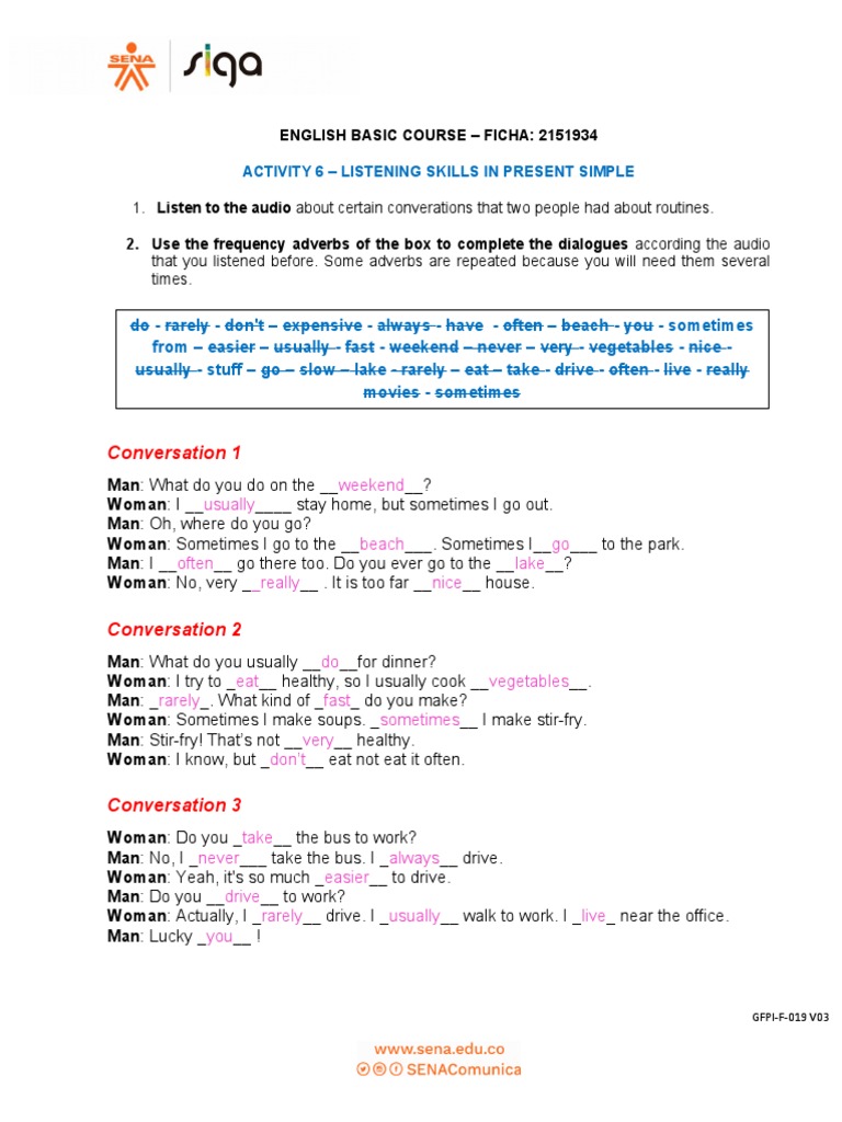 Conversation 1: English Basic Course - Ficha: 2151934 | PDF ...