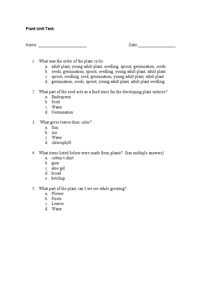 Name: - Date: - : Plant Unit Test | PDF