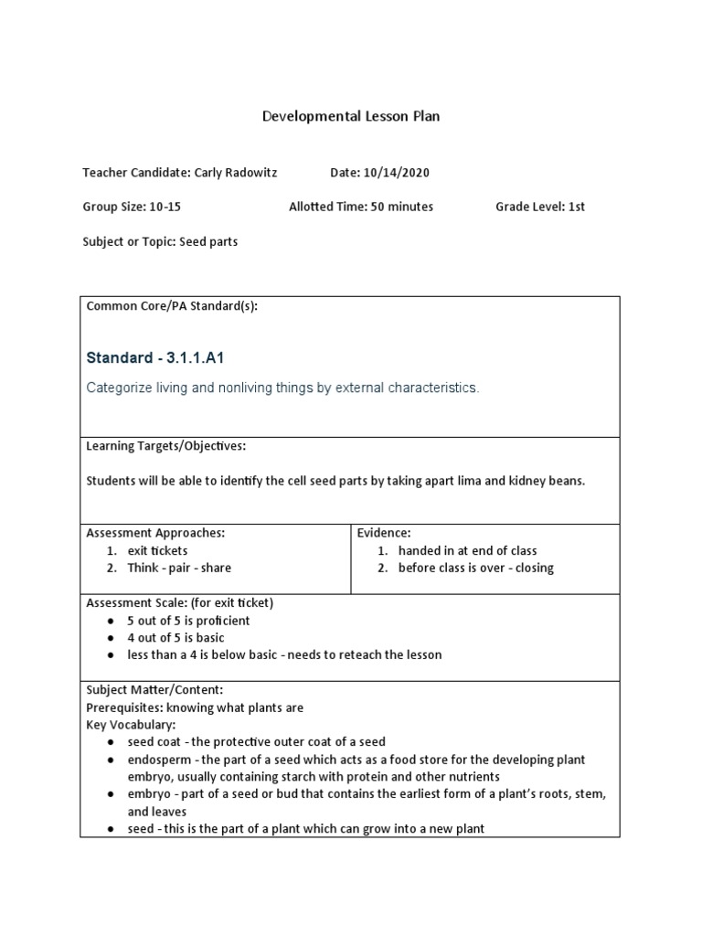 Developmental Lesson Plan: Standard - 3.1.1.A1 | PDF | Seed | Embryo