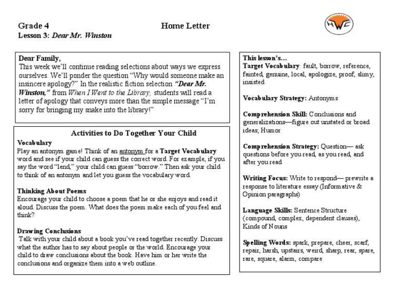 Grade 4 Home Letter Lesson 3 Dear Mr Winston | PDF | Reading ...