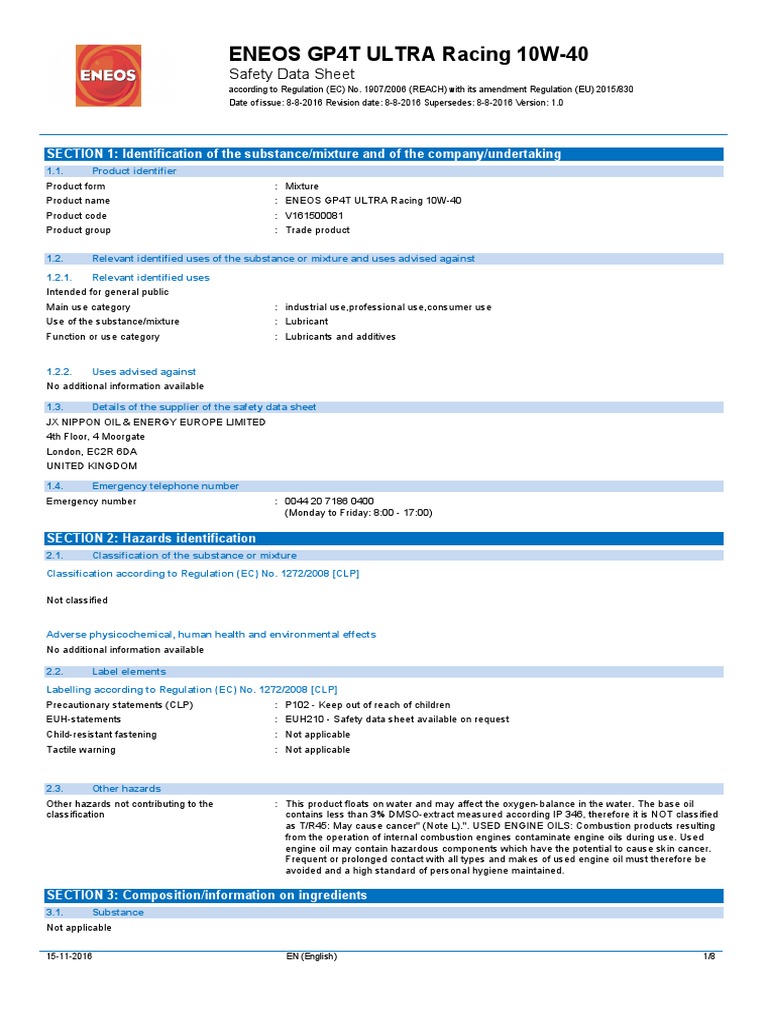 ENEOS GP4T ULTRA Racing 10W-40: Safety Data Sheet | PDF | Personal ...