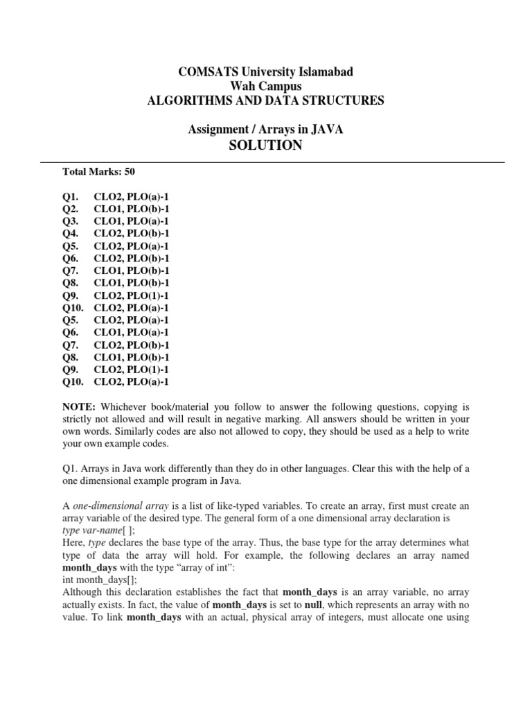Assignment Arrays Java Solution Pdf Array Data Structure Data Type