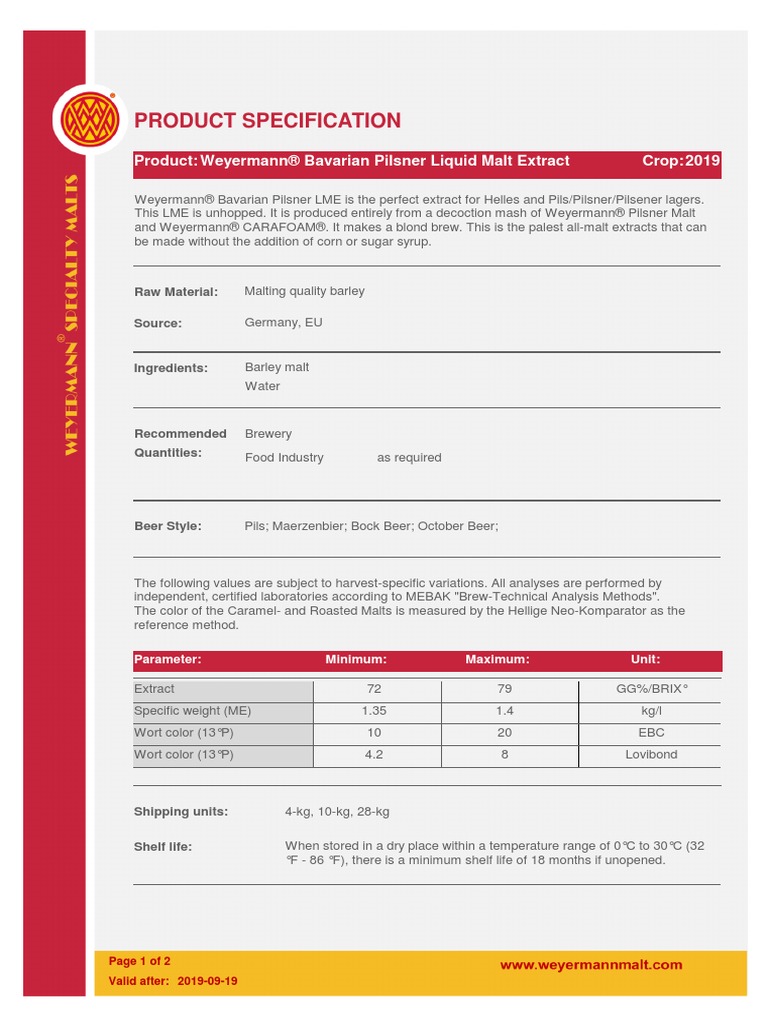 Bavarian Pilsner Liquid Malt Extract Specification | PDF | Malt | Brewing