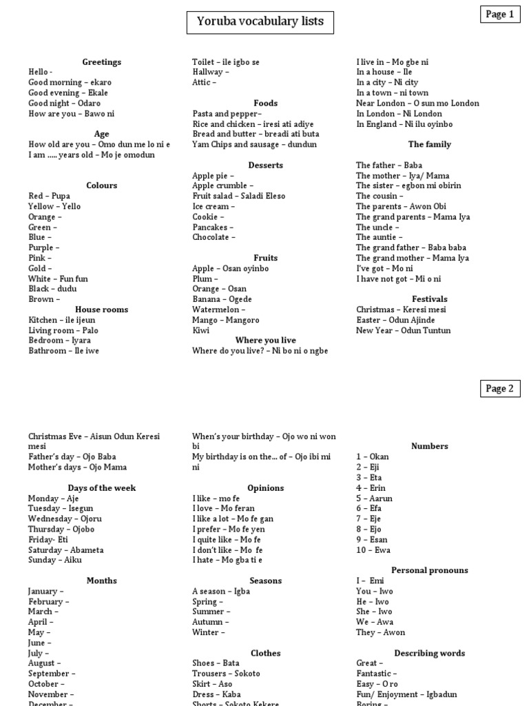 Yoruba Vocab Sheet | Download Free PDF | Foods | Cuisine